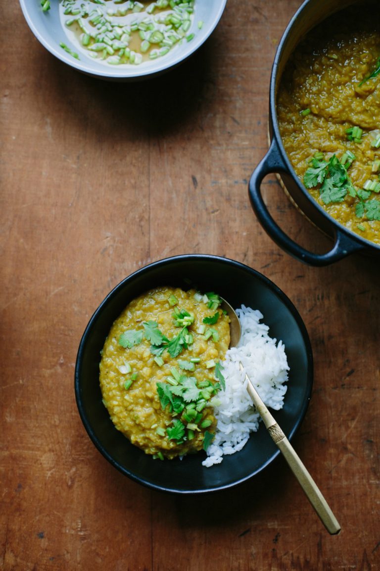 my favourite red lentil dhal with pickled coriander (cilantro) stalks ...